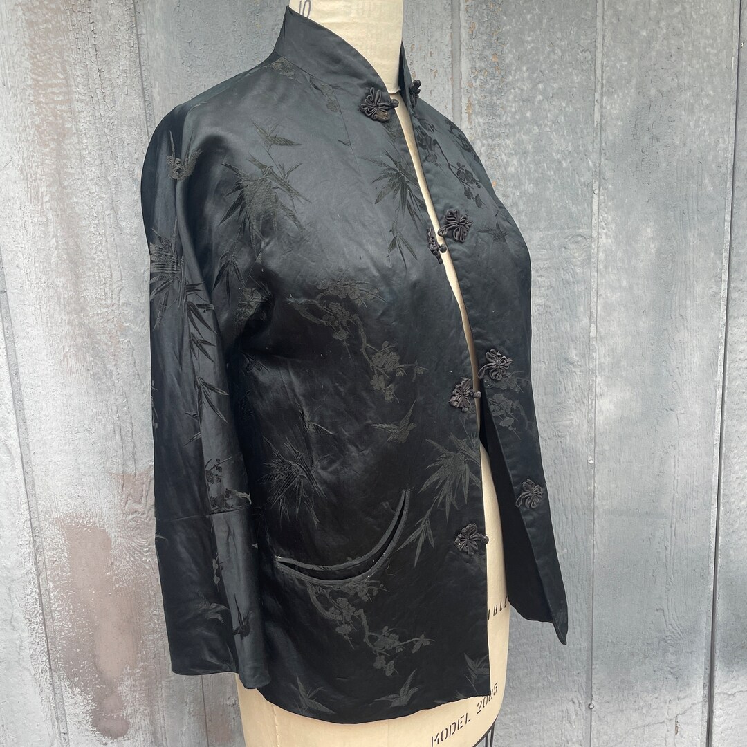 Handmade Chinoiserie black satin brocade Chinese silk coat jacquard ...