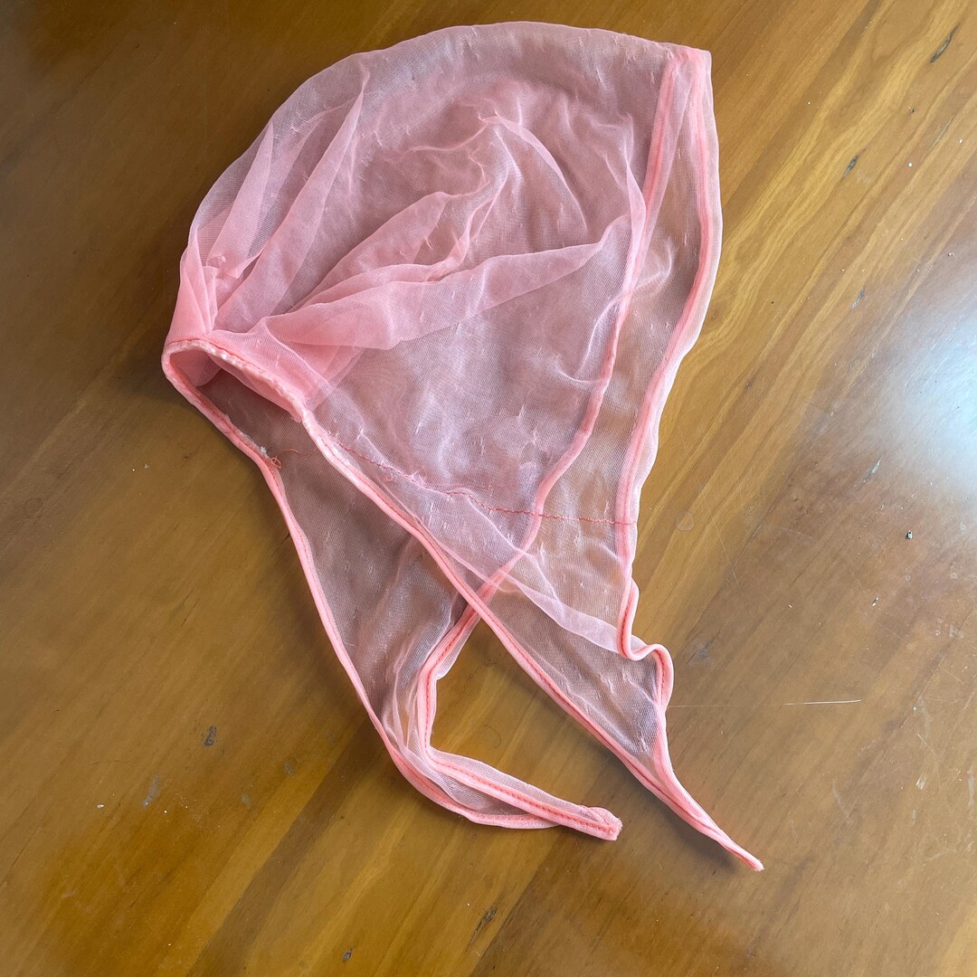 1950s 1960s Chiffon Head Wrap Hair-do Saver Flamingo Pink Salmon Solid Sheer Mesh Bonnet Chin ...
