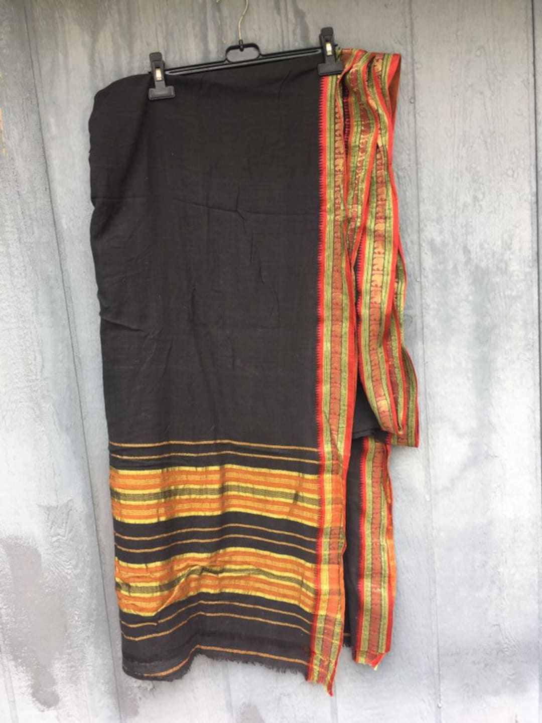 Antique Sari India Extra Long Fabric Paper Thin Cotton Black Red Green ...