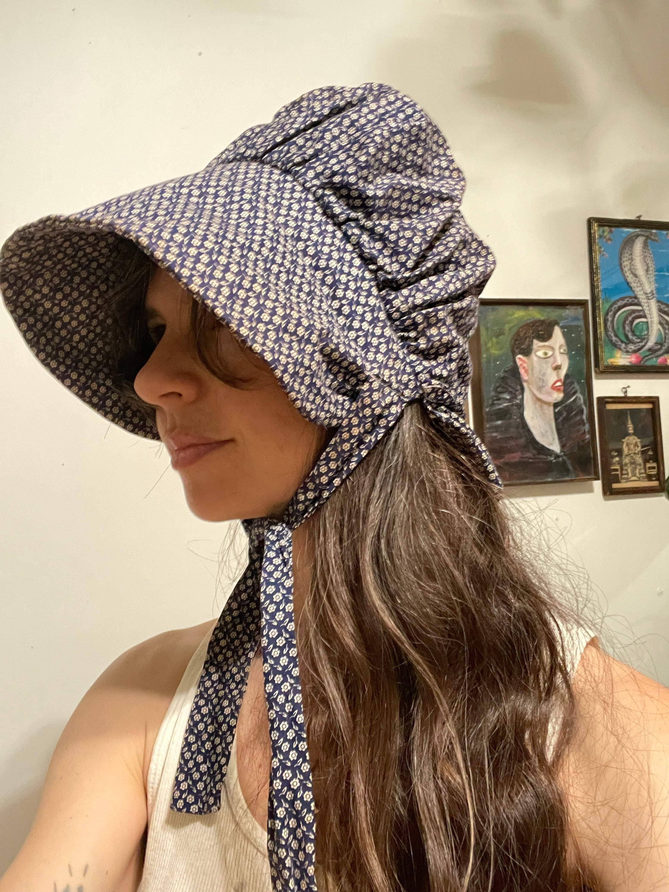 Vintage Navy Blue and White Floral Calico Cloth Bonnet Sun Hat - Etsy
