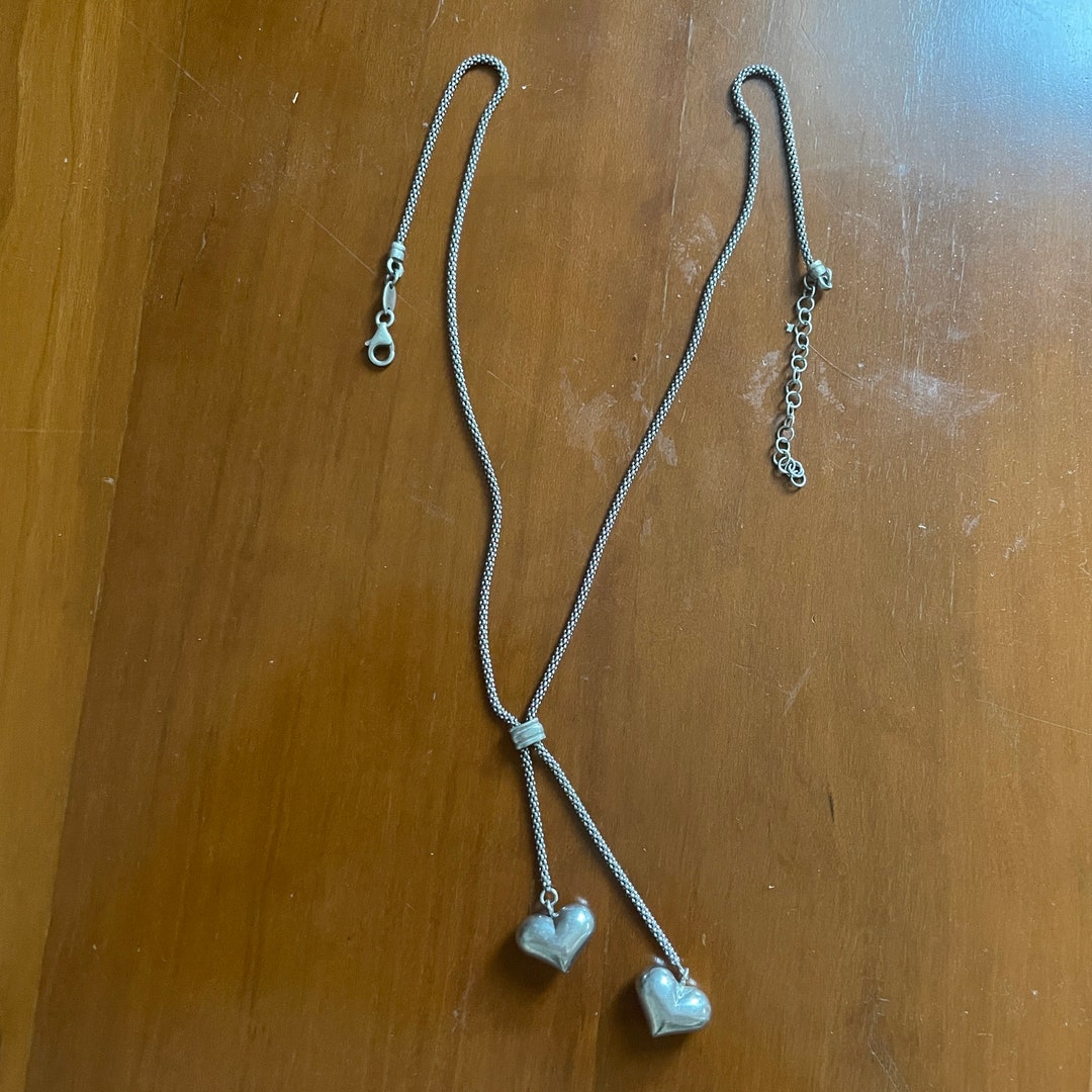 90s Sterling Silver Lariat Popcorn Chain Heart Charm Choker Single ...
