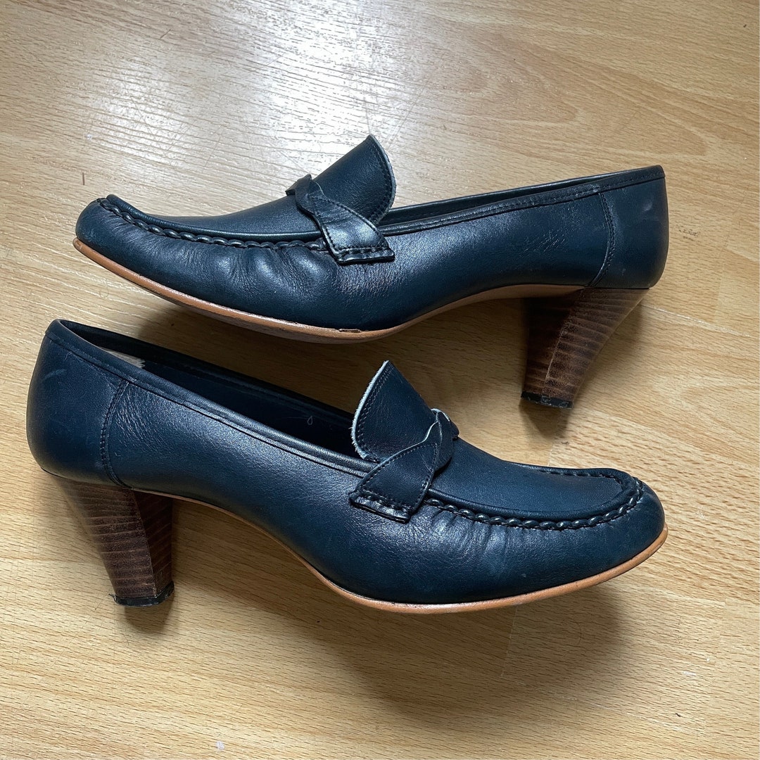 Vintage Frank More Spanish High Heels Shoes Loafers Low Slip on Navy ...