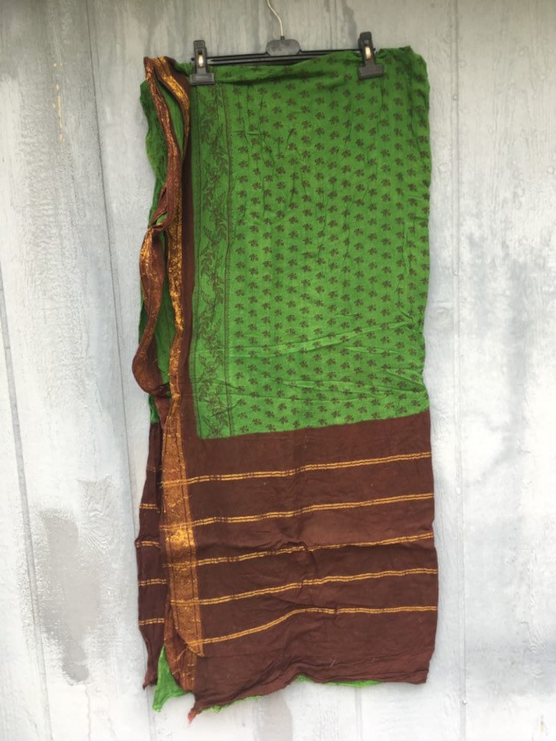 Indian Antique Sari Extra Long Fabric Paper Thin Gauze Cotton Green ...