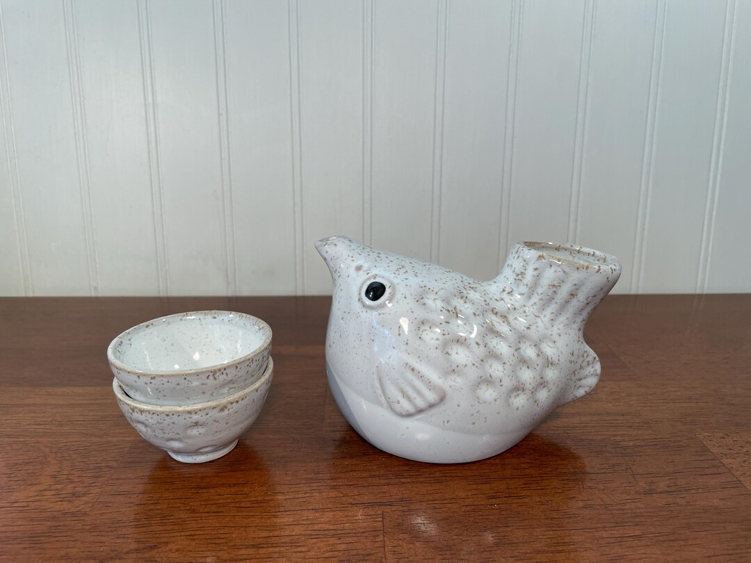 White Puffer Fish Pitcher and Cups Set, 3.25"h Hand Painted Ceramic ...