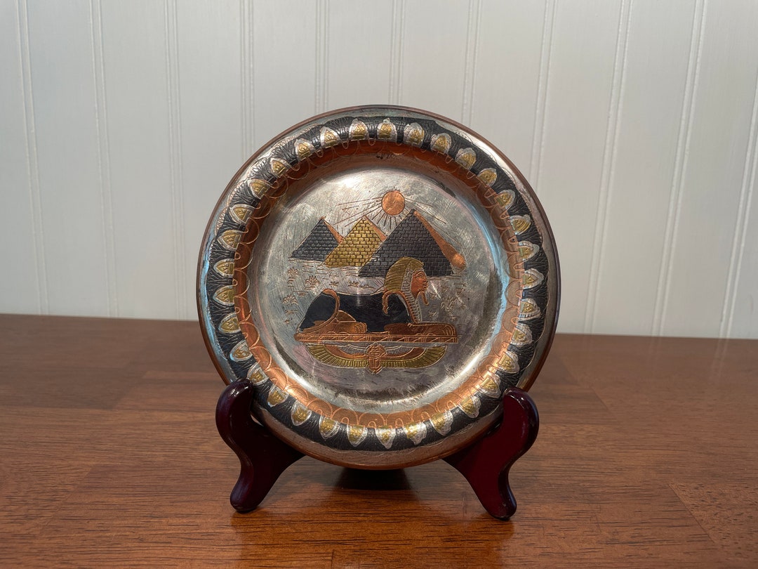 Egyptian Etched Metal Sphinx Pyramids Plate, 5.5 Round Dish, Copper ...