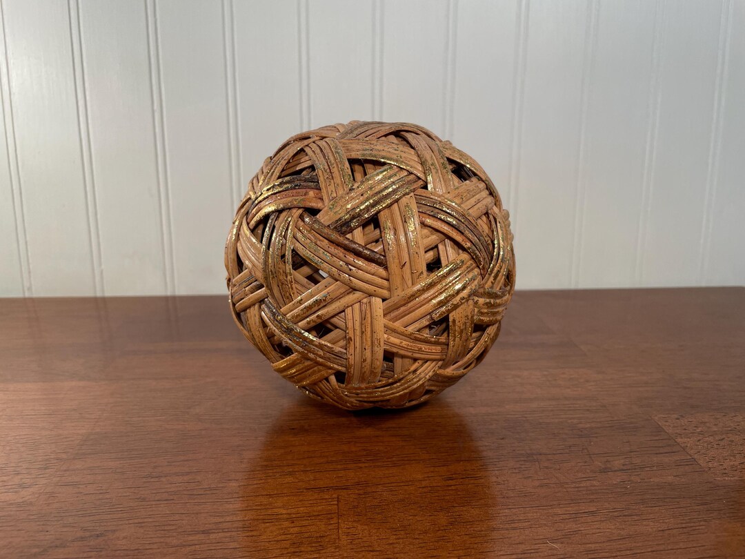 Natural Rattan Woven Ball, 5" Round Bamboo Sphere With Gold Paint Trim ...