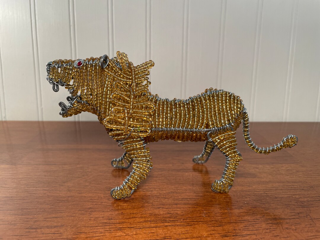 Beaded Roaring Lion Wire Figure 4"h, Golden Orange Seed Beads, Silver ...