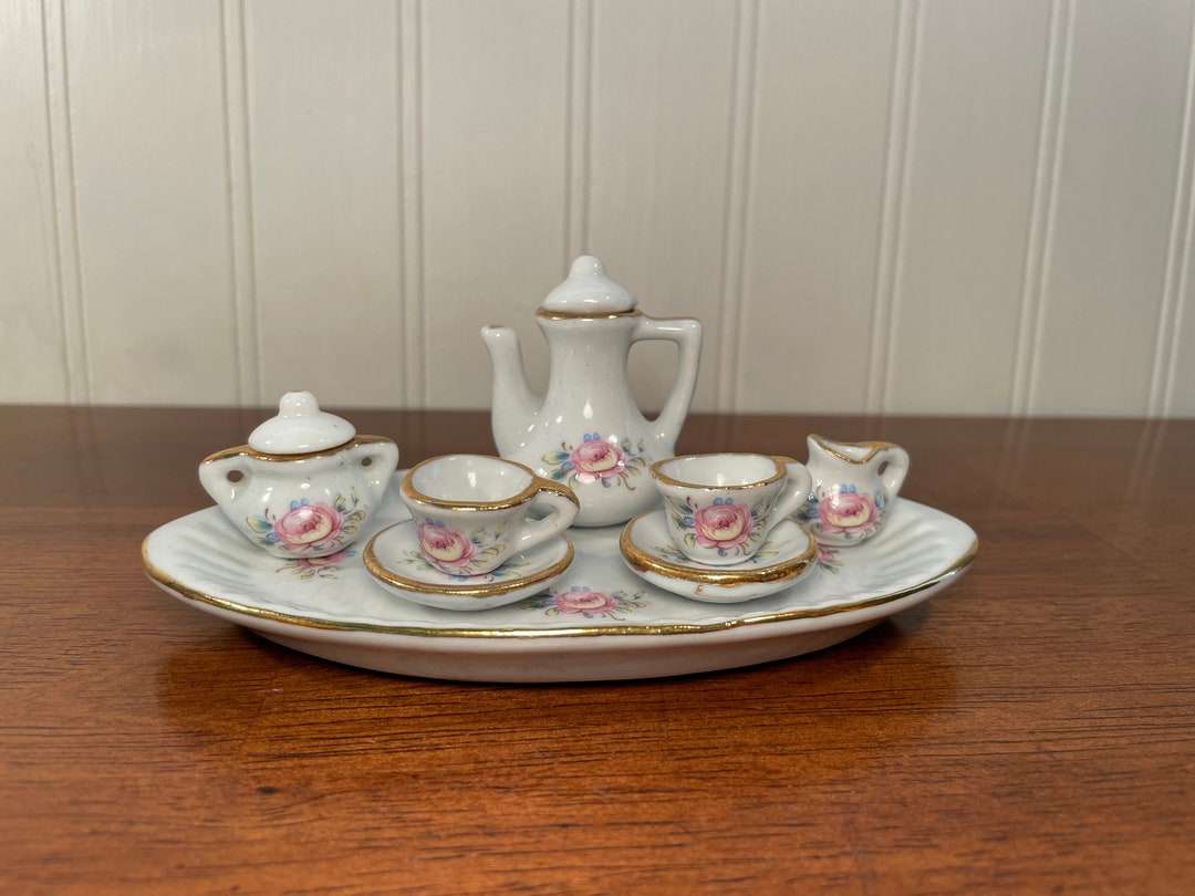 Miniature Pink Roses Tea Set, 10 Piece White Porcelain, Floral Tray ...