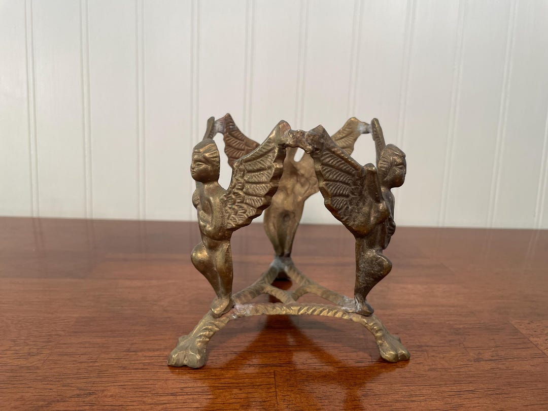 Vintage Brass Angel Sphere Orb Stand, Cherub Wings Bronze Metal Holder ...