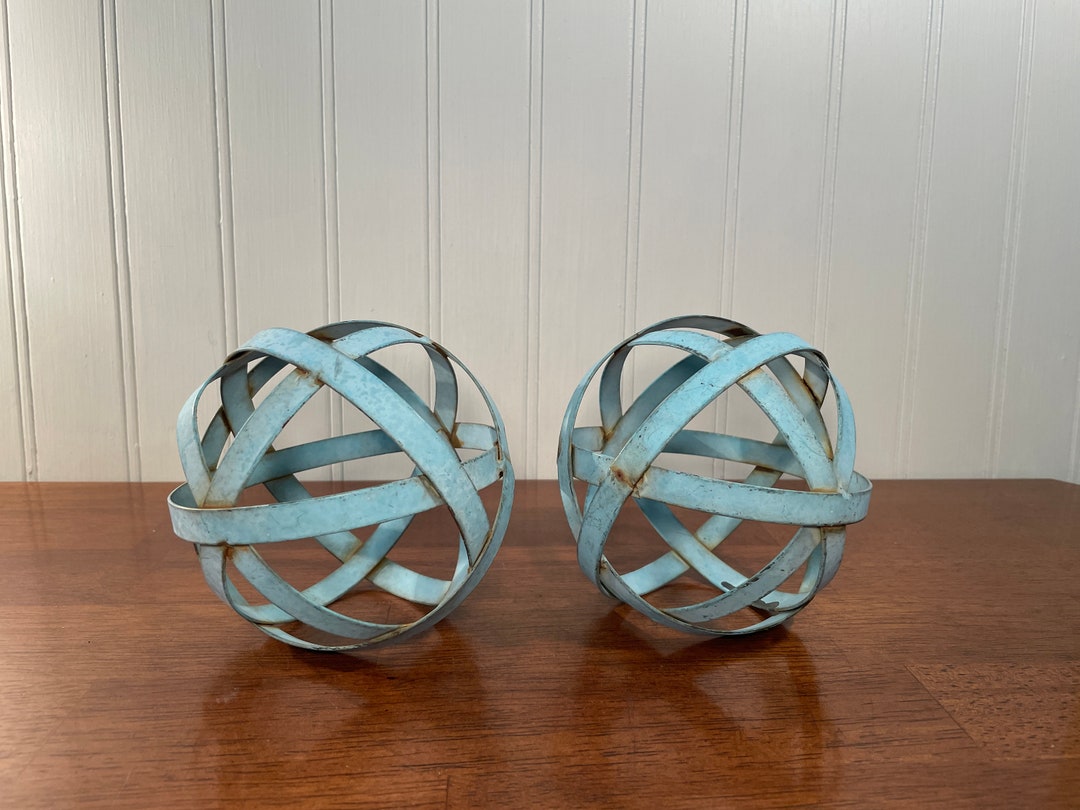 Rustic Aqua Blue Woven Metal Strip Spheres, Set of 2 Modern Decorative ...