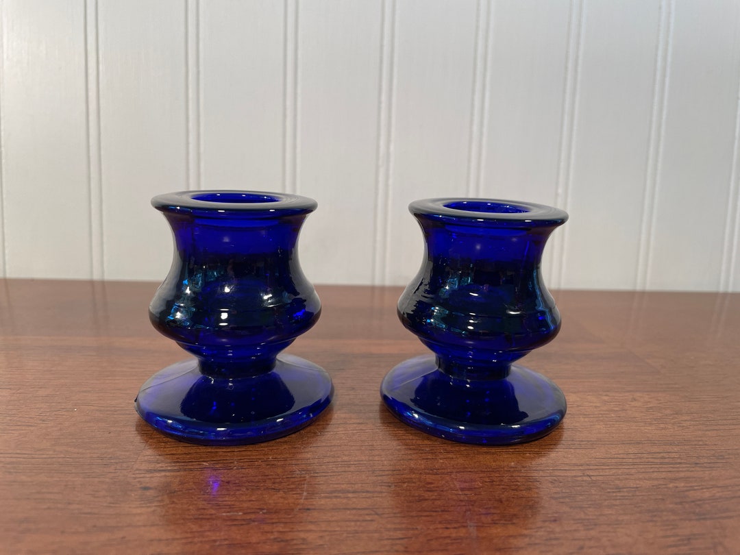 Pair Cobalt Blue Glass Candle Holders Set of 2 Footed - Etsy