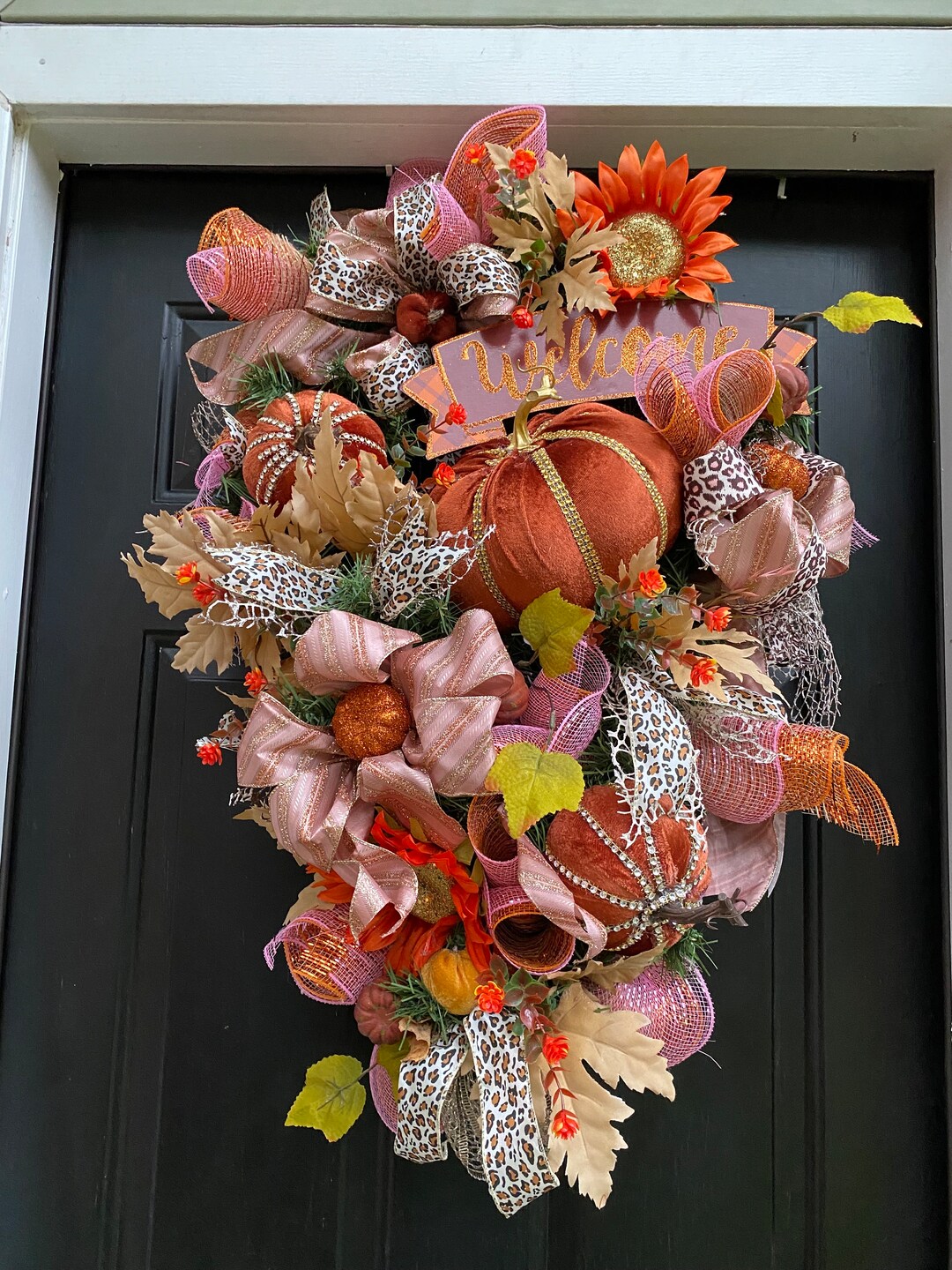 Amazing Leopard Print Pink and Animal Print Pumpkin Wreath Pink Fall ...