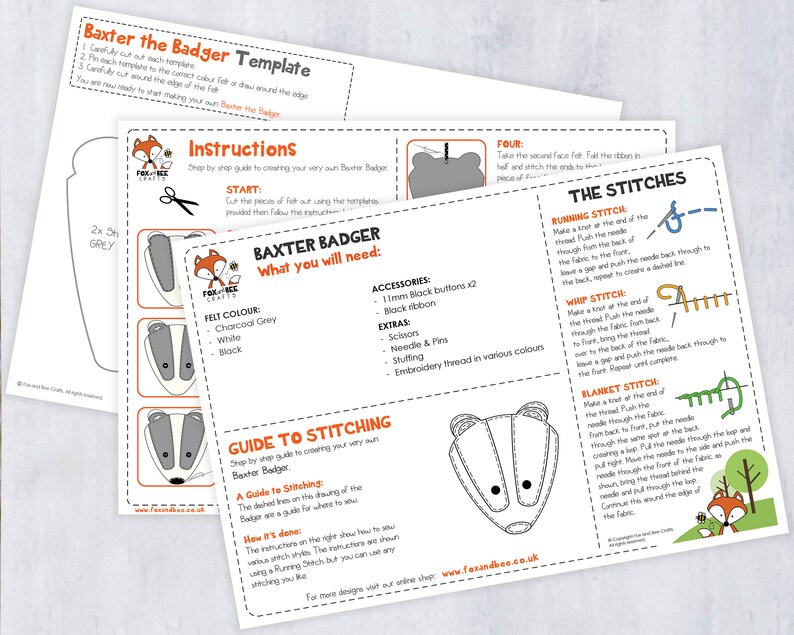 Felt Baxter the Badger Sewing Pattern, Full Instructions (PDF Pattern ...