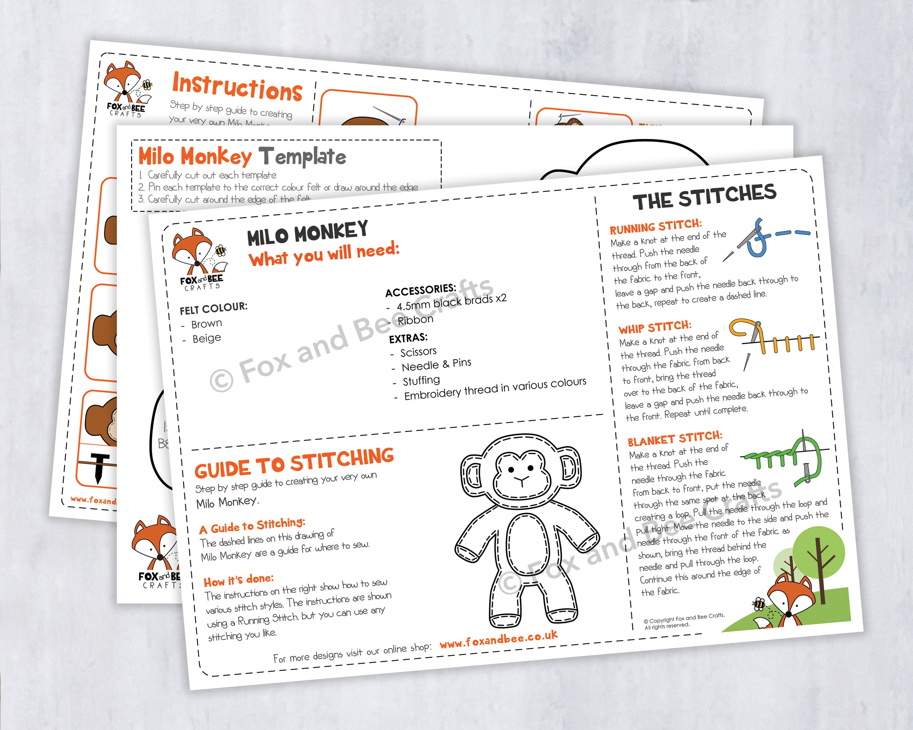 PDF Pattern for Milo Monkey, Felt Sewing Pattern, Full Instructions ...