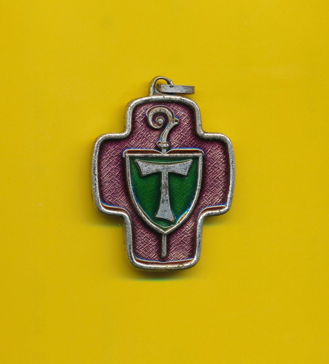 The 60s Silvered Metal Enamel Charm Religious Cross Pendant St Francis ...