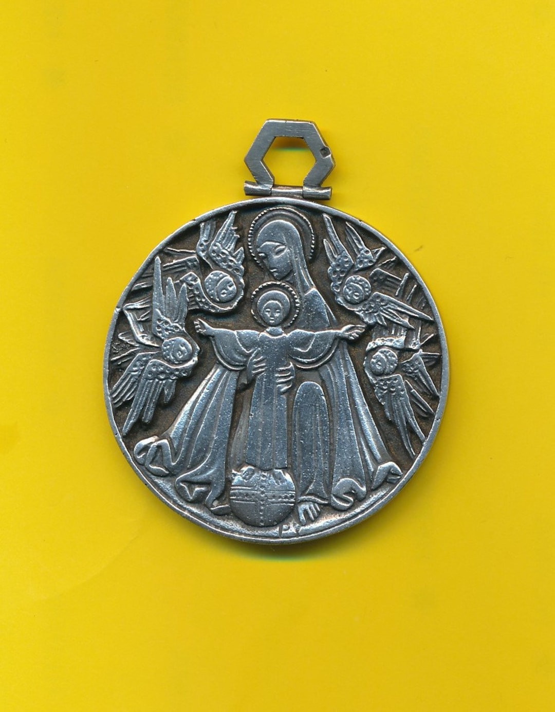 Art Deco Big Size Silver Plated Charm Religious Medal Pendant by F Py ...