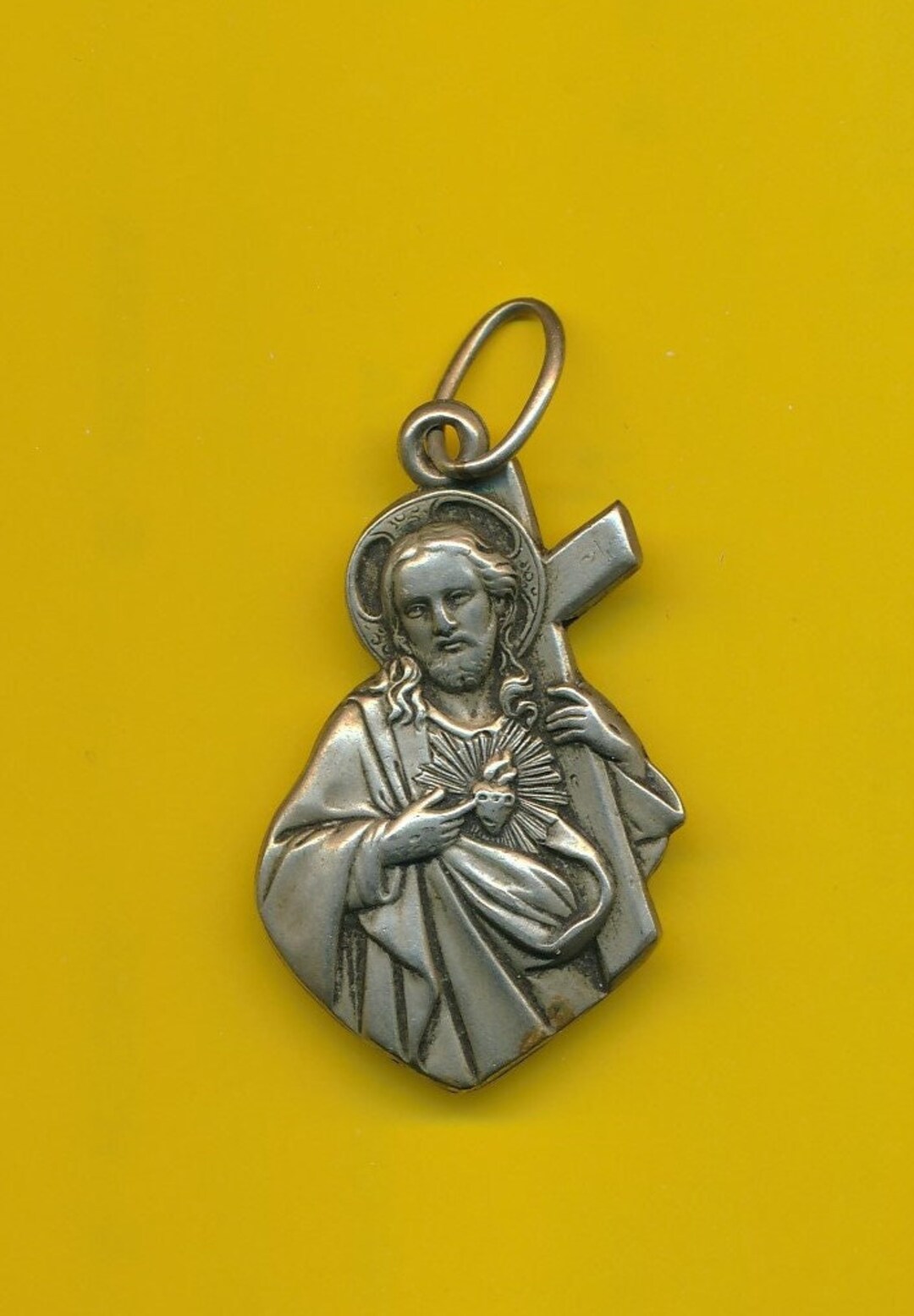 Vintage Heavy Silvered Metal Religious Medal Pendant Sacred Heart of ...