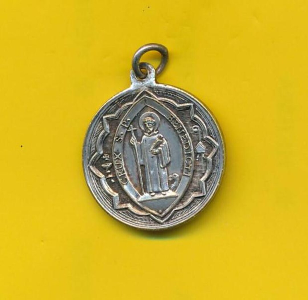 St Benedict Exorcist Large Antique Silver Plated Charm Religious Medal ...