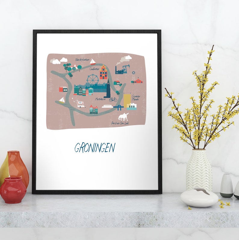 Groningen Souvenir Illustrated City Map the Netherlands House Warming ...