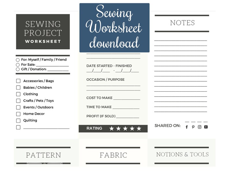 Sewing Project Planner / Journal / Worksheet Instant - Etsy