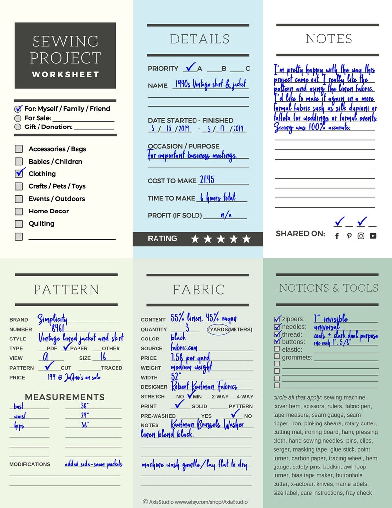 Sewing Project Planner / Journal / Worksheet Instant Download PDF File ...