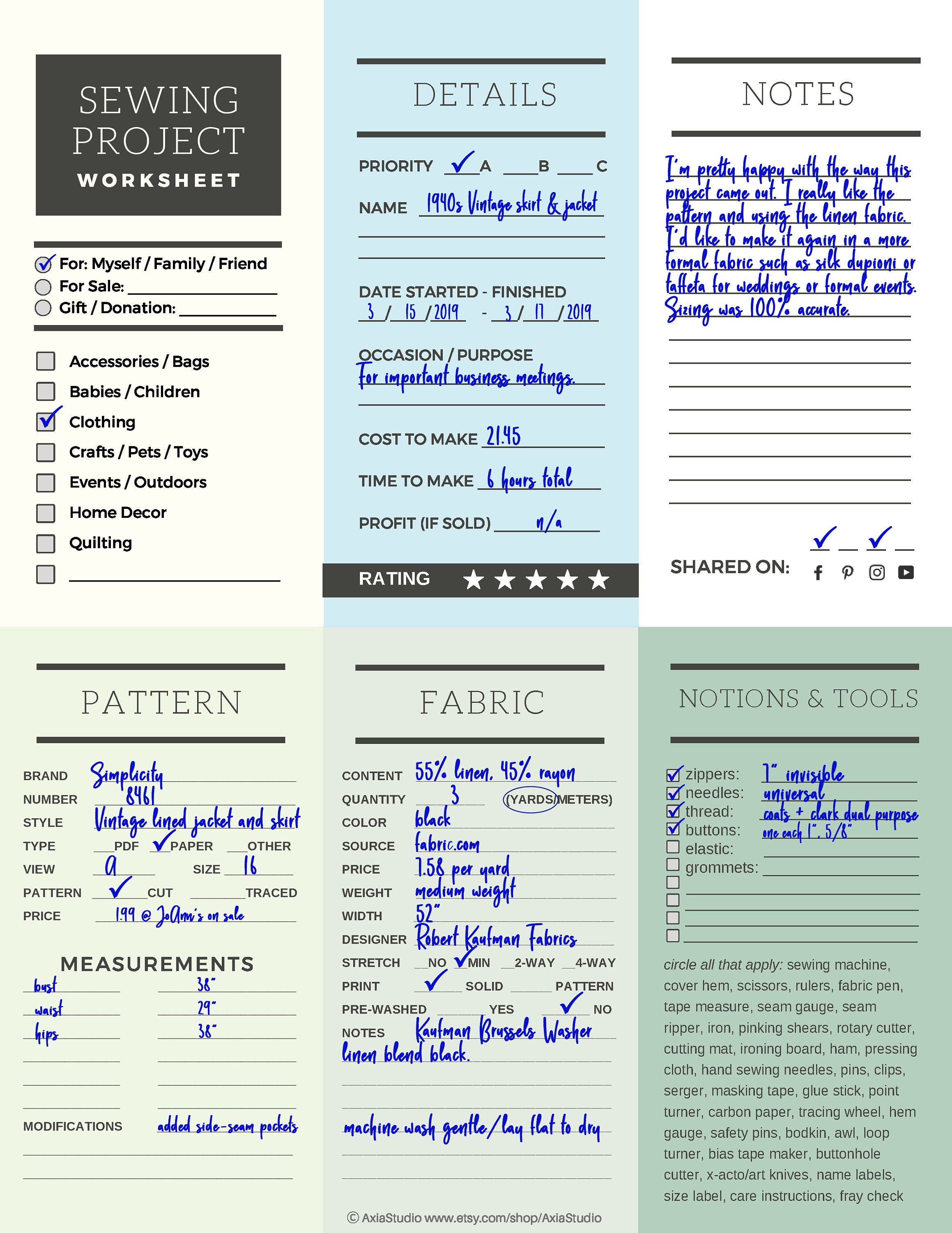 Sewing Project Planner / Journal / Worksheet Instant Download PDF File ...