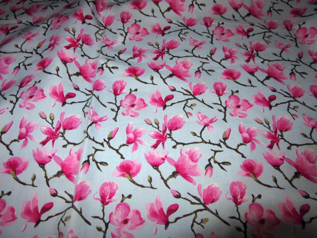 Sweet Magnolias Pink on Aqua Background Large Cotton Poplin Remnant UK ...