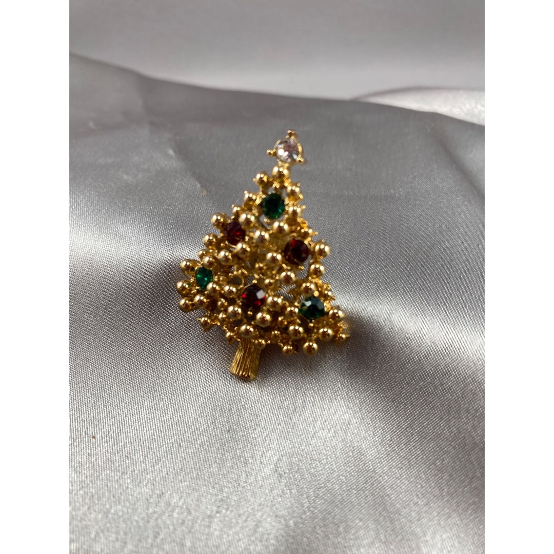 Christmas Tree Pin Brooch Lapel Clutch Pin Hand Set Stones 1 5/8 X 1 1/ ...