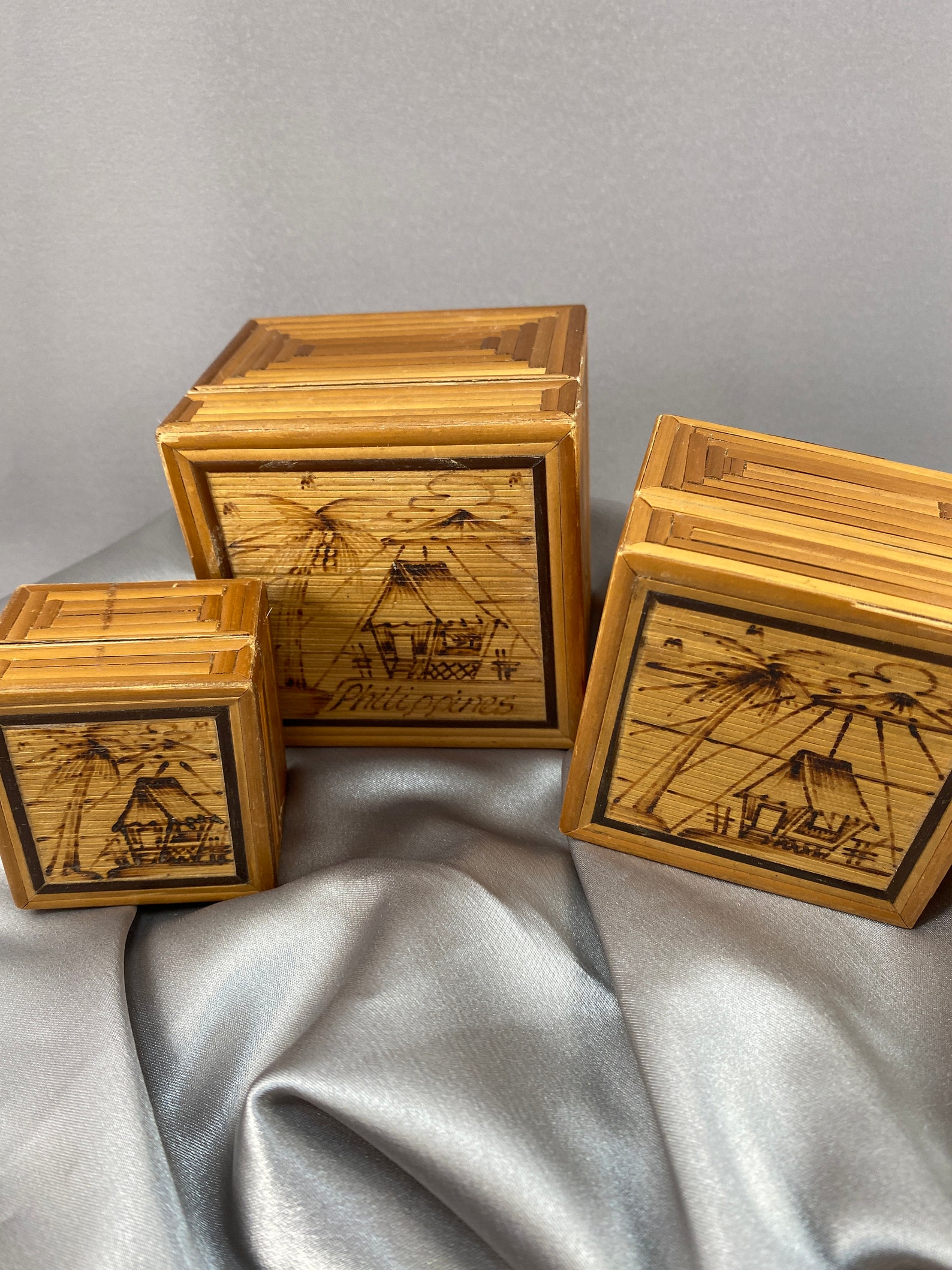 Nesting Stacking Boxes Vintage Philippine Wood/woodburned - Etsy