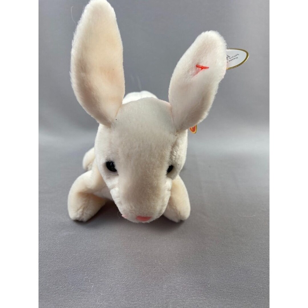 TY White Rabbit Nibbler Pink Ears, Nose, Whiskers Fuzzy Tail Black Bead ...