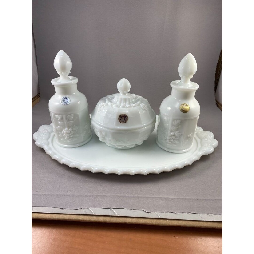 Westmoreland Dresser Set Milk Glass Paneled Grape Original Foil VTG - Etsy