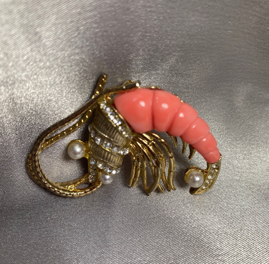 Shrimp Brooch Pin Pearls Rhinestones Sea Figure Crustacean Crawfish ...