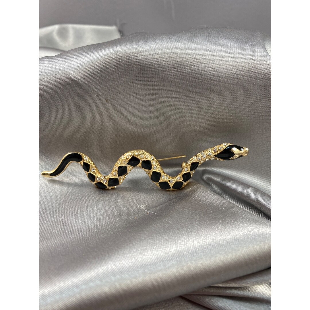 Snake Pin Brooch Rhinestones Black Enamel Gold Metal Base 4 X - Etsy
