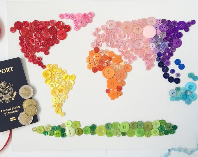 Rainbow Button World Map. World Map. Button Map. Gift for Traveller ...