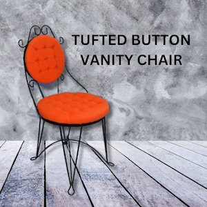 Vintage Boudoir Vanity Makeup Chair Metal Frame Tufted Button Orange ...