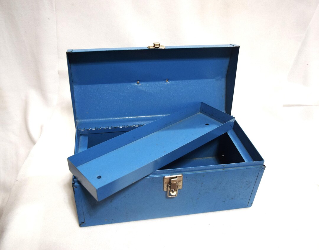 Vintage Blue Metal Tool Box and Tray Insert With Center Buckle Lock ...