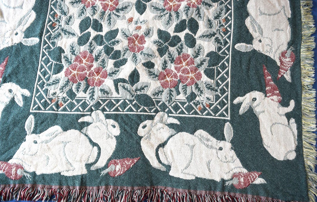 Vintage Easter Bunny Rabbit Woven Throw Afghan Rabbit Eating Carrot ...