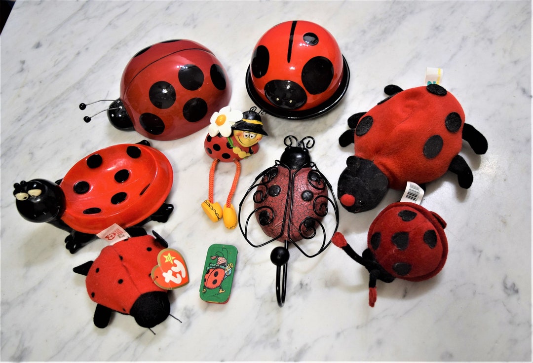 Vintage Ladybug Collection Shelf Display Figurines Ty Stuffed Ladybug ...