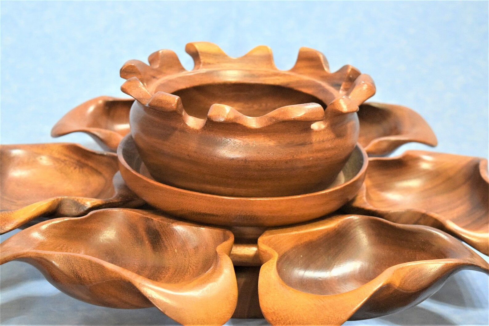 Vintage Large Monkey Pod Lotus Serving Bowl Set Lazy Susan - Etsy