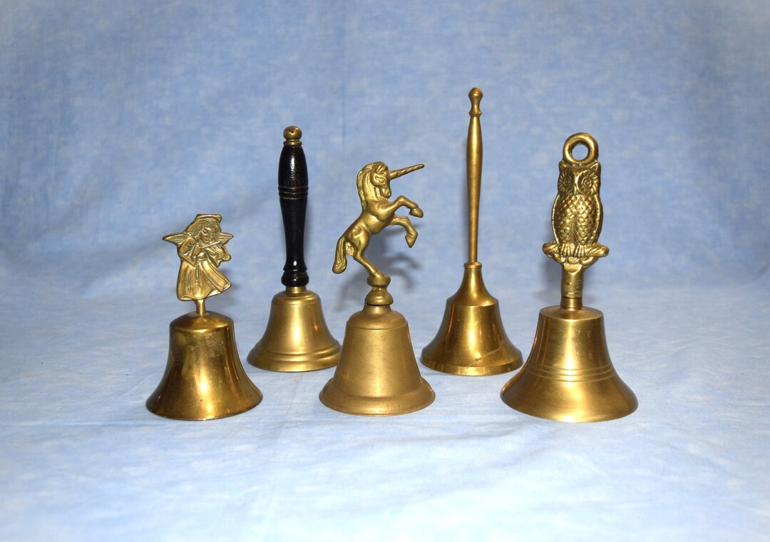 Vintage Brass Bells Hand Bells Schoolhouse Owl Angel and Unicorn Shelf ...