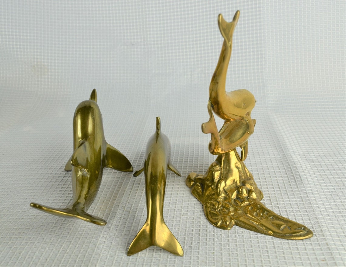 3 Solid Brass Dolphin Figurines Nautical Decor Beach House | Etsy