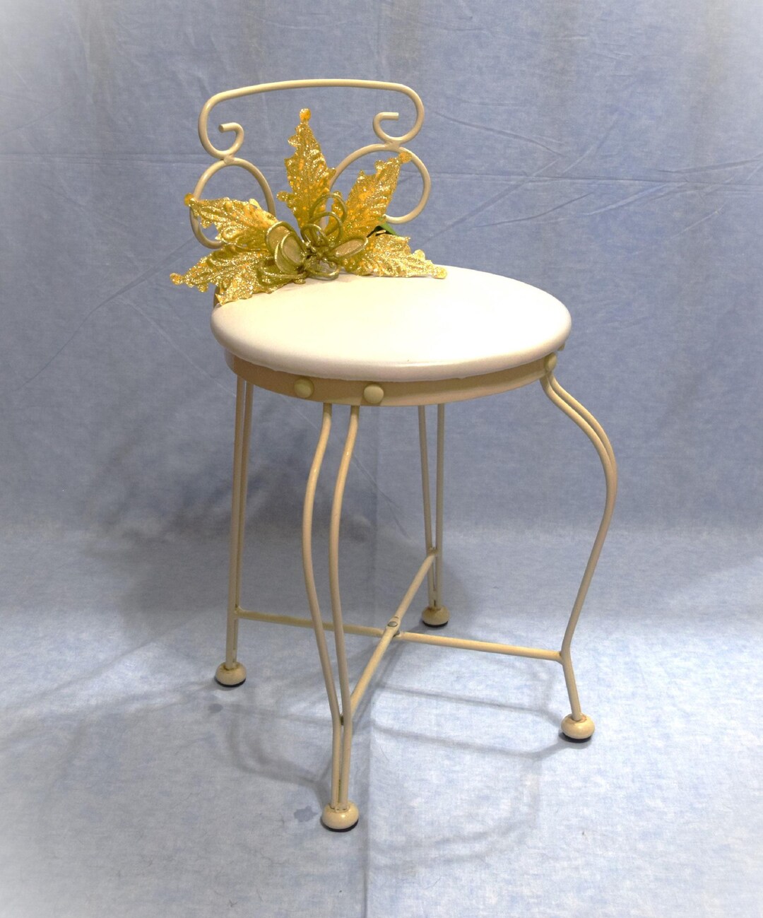 Vintage Boudoir Vanity Makeup Chair White Painted Metal Frame With ...