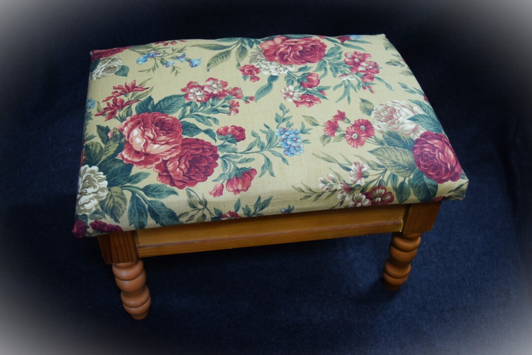 Vintage Floral Fabric Lid Sewing Box Storage Stool Wood Footstool With ...