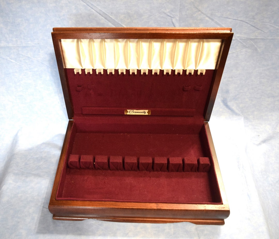 Vintage Silverware Box Chest Wood Box Burgundy and Sateen Lining Hinged ...