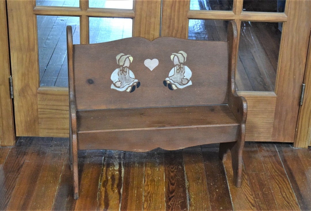 Wood Doll or Toddler Bench Chair Sunbonnet Girls 25 Inches Long Vintage ...
