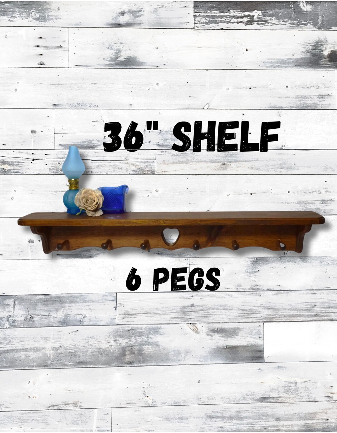 36 Inch Vintage Wood Shelf With 6 Peg Hooks Heart Cutout Design in ...