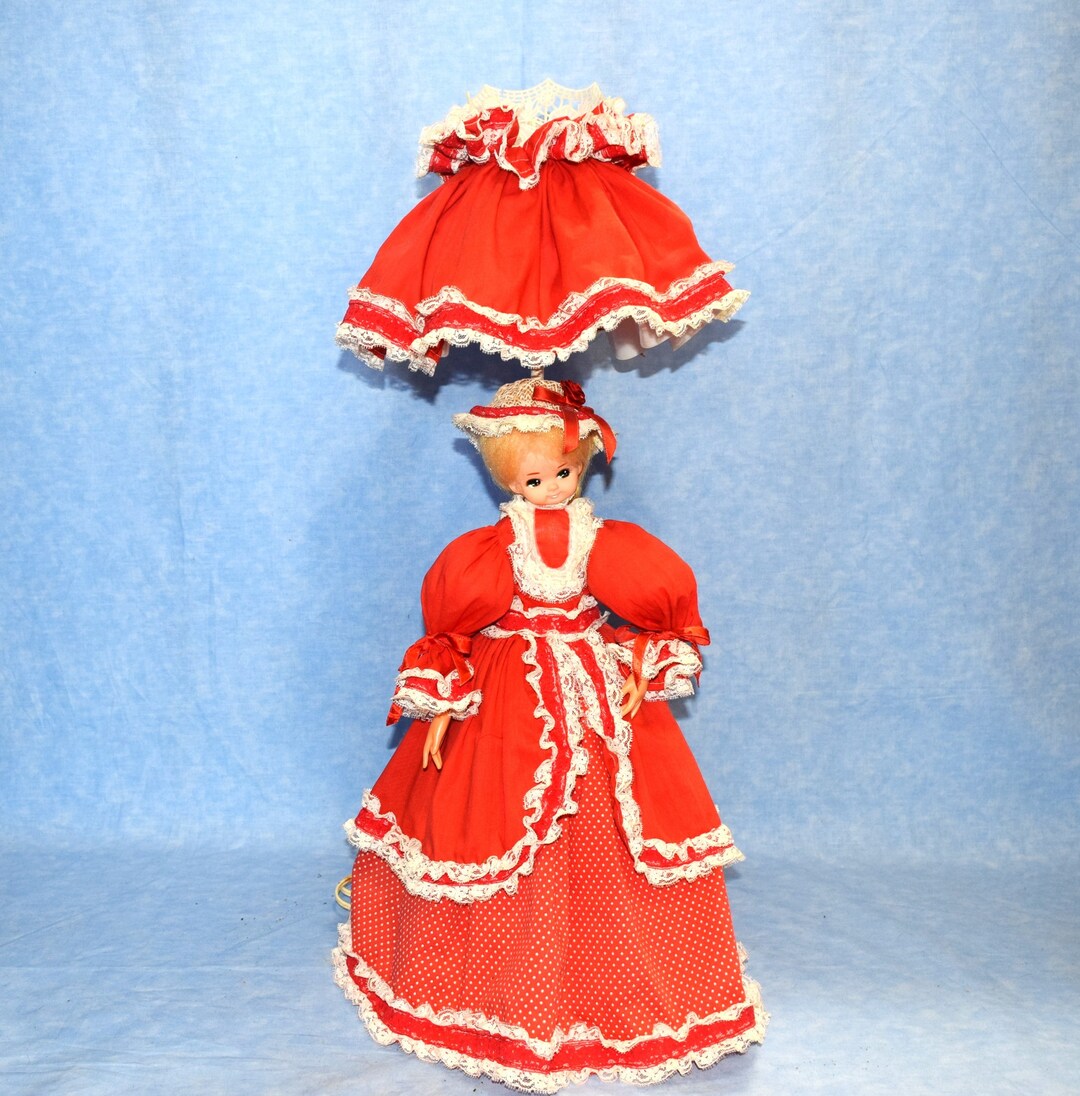 Vintage Doll Lamp Victorian Doll Table Lamp Accent Lighting Red Dress ...
