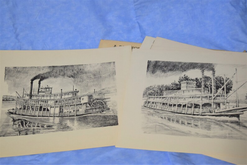 Vintage Pencil Drawing Prints River Boats 14X11 Ready for - Etsy