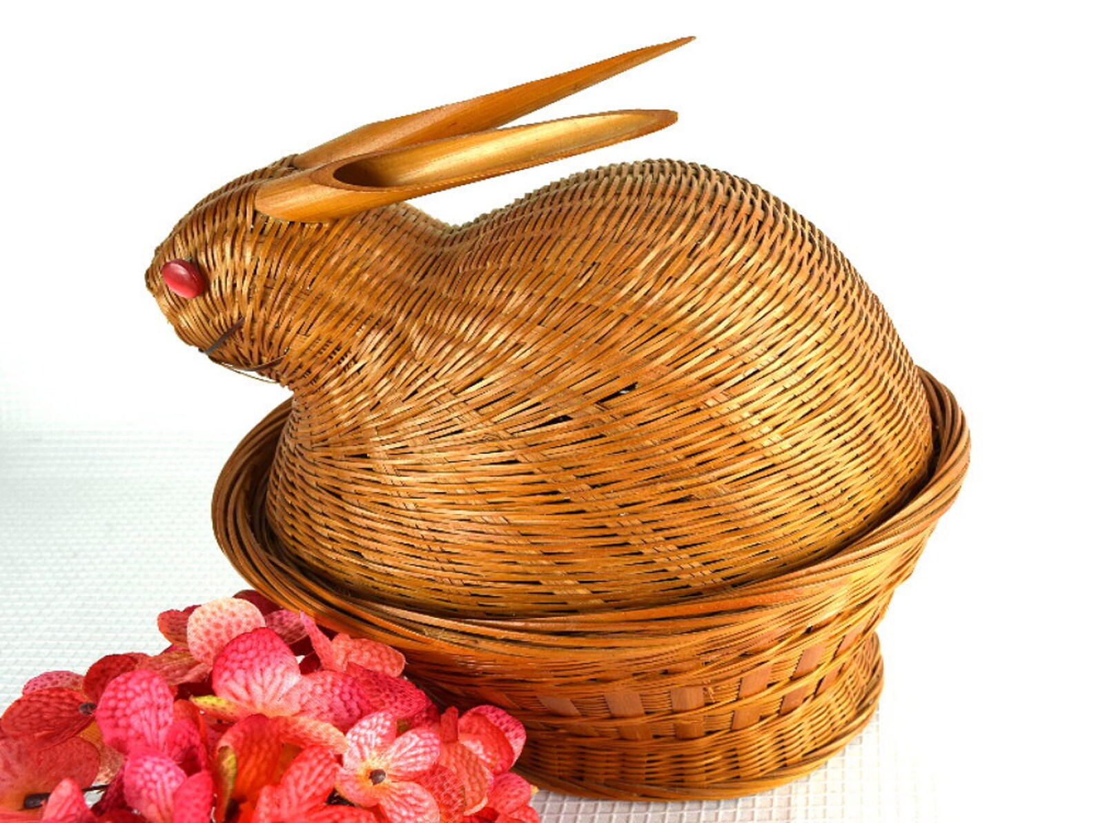 Vintage Easter Bunny Wicker Basket With Pearl Red Button Eyes | Etsy