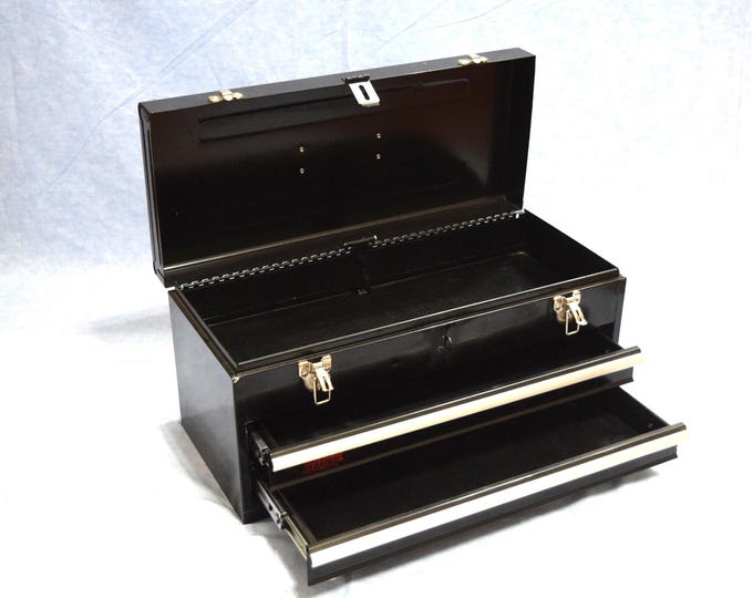 Vintage Large Black Tool Box 2 Drawers Metal Box Industrial Garage ...